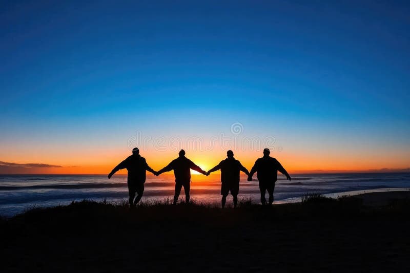 Silhouettes of Four People Holding Hands at Sunset on Beach Stock Photo ...