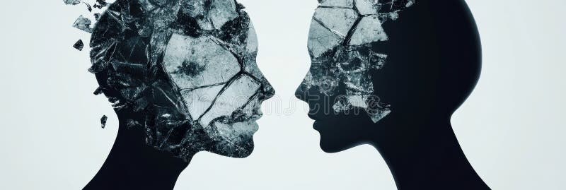 Silhouettes of Fragmented Faces with Cracked Shattered Glass Reflection ...