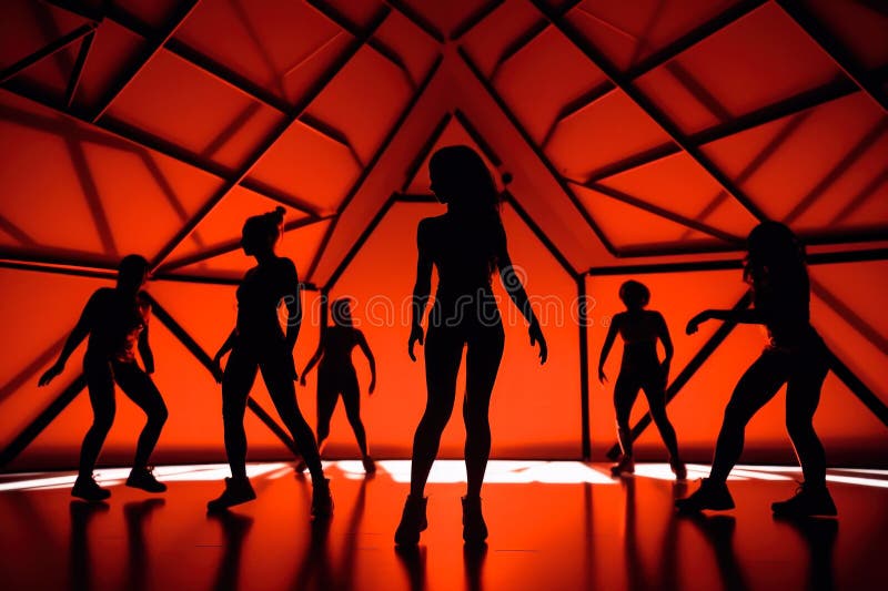 Silhouettes of a Group of Dancing Girls on Stage with a Red Light in ...