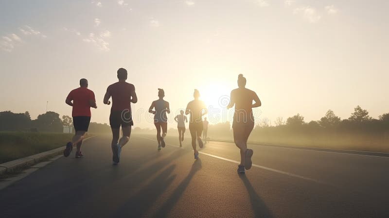 Silhouettes of a Group of People Running on the Road, in the Morning ...