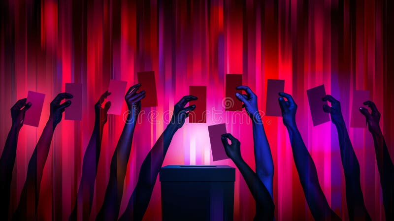 Silhouettes of Hands Raising Red Cards in a Dark Setting with a Glowing ...