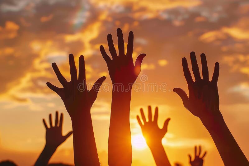 Silhouettes of Hands Reaching Up during a Sunset, Symbolizing ...