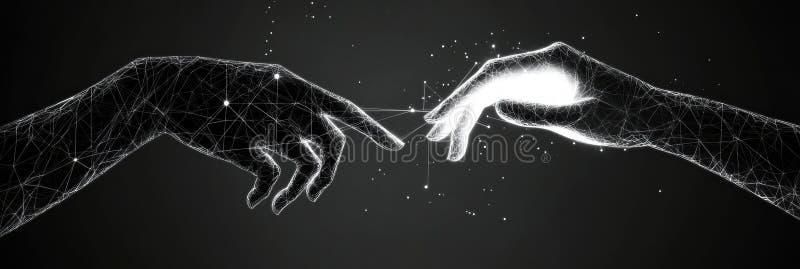 Hands Connect through Digital Lines and Dots Showcasing Unity and ...