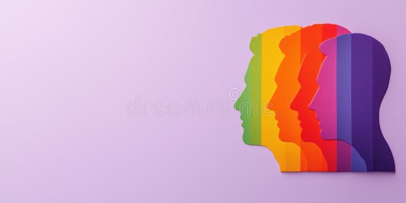 Silhouettes of Human Profiles in Rainbow Colors on Purple Background ...