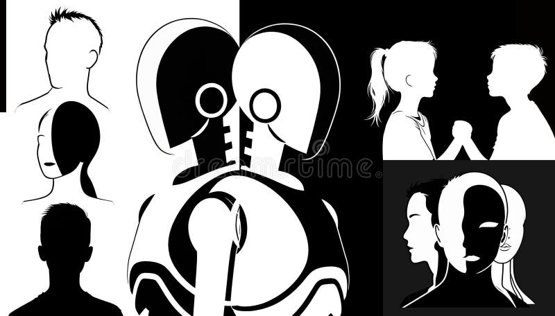 Silhouettes of Humanoid Androids and People Stock Illustration ...