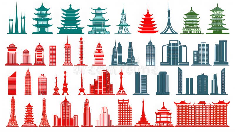 Silhouettes of Iconic Buildings in Various Styles Stock Photo - Image ...