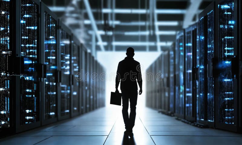 Silhouettes of a Man S Back in a Data Center Stock Illustration ...