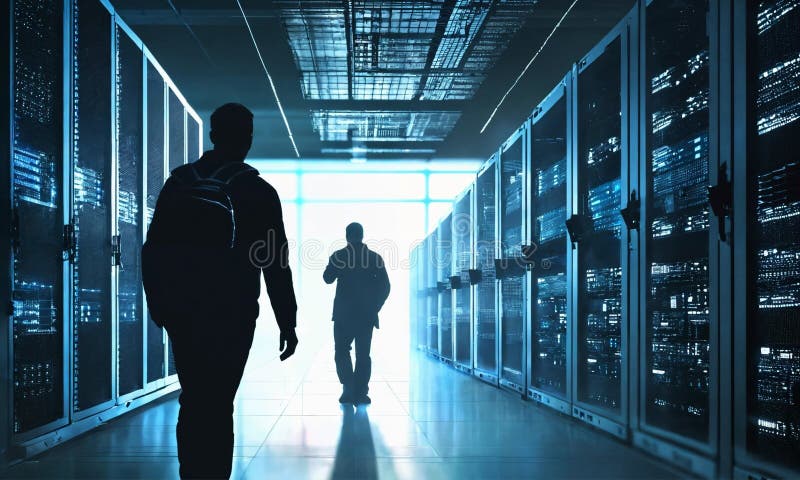 Silhouettes of a Man S Back in a Data Center Stock Illustration ...