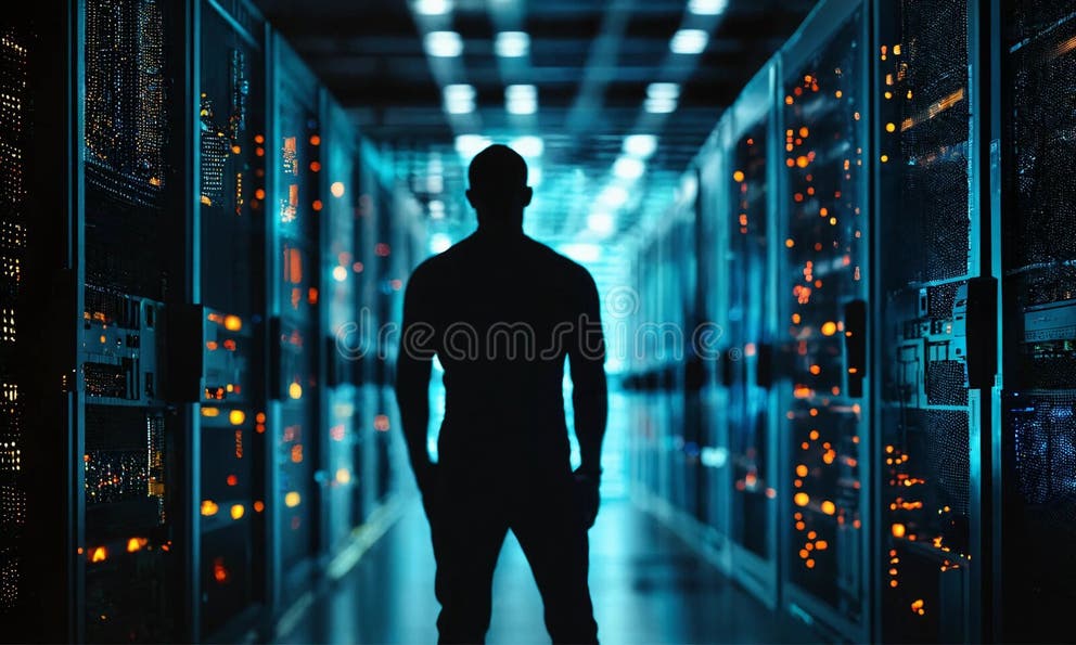 Silhouettes of a Man S Back in a Data Center Stock Illustration ...