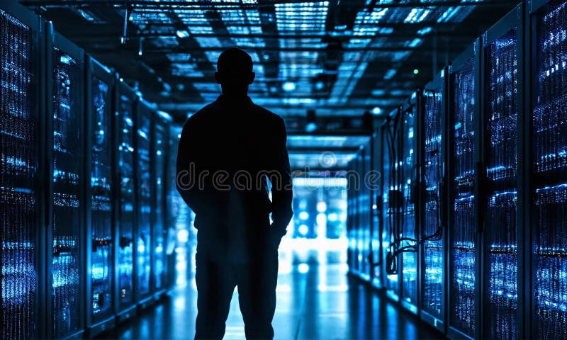 Silhouettes of a Man S Back in a Data Center Stock Illustration ...