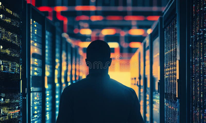 Silhouettes of a Man S Back in a Data Center and N Stock Illustration ...