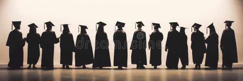 Silhouettes of Masters Graduates in Ceremonial Robes. Horizontal Banner ...