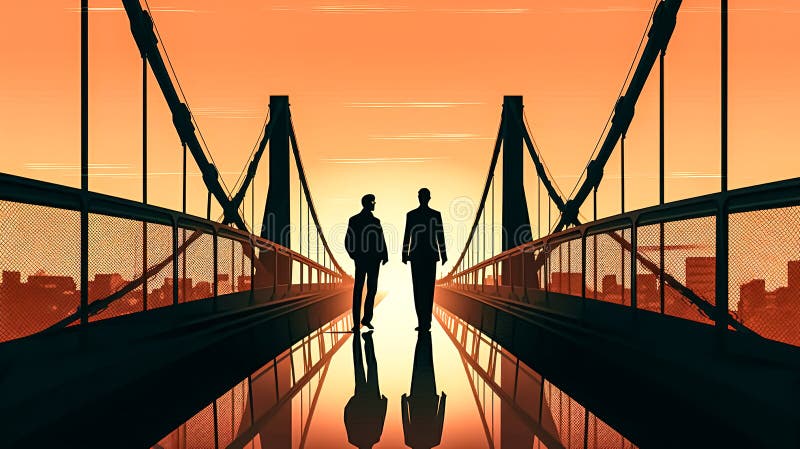 Silhouettes of Men on the Bridge at Sunset, Generative AI. Stock Photo ...