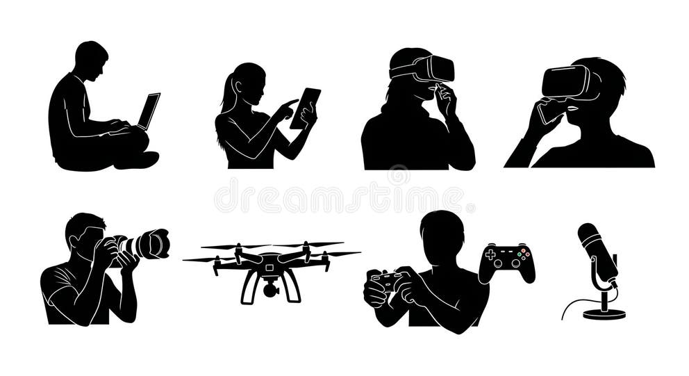 Silhouettes of Modern Technology Users Engaging with Different Devices ...