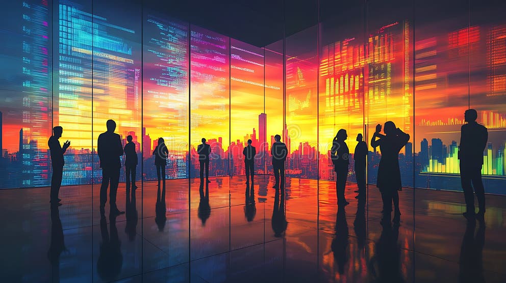 Silhouettes Observing Futuristic City Skyline with Data Visualization ...