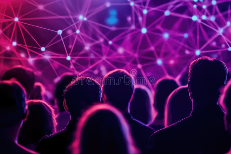 Silhouettes Observing Futuristic Network Display with Neon Connections ...