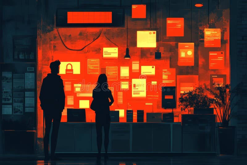 Silhouettes Observing a Vibrant Digital Display in a Modern Workspace ...