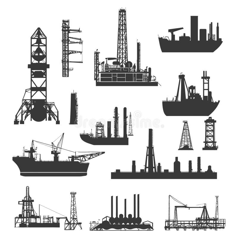 Collection of Offshore Oil Rig Silhouettes: Industrial Design Stock ...