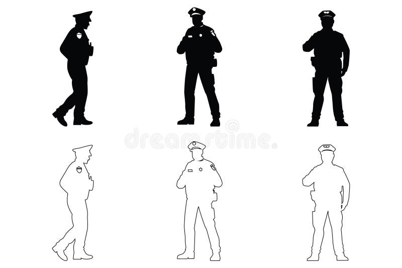 Set of Standing Policeman Silhouettes and Outline Vector on White ...