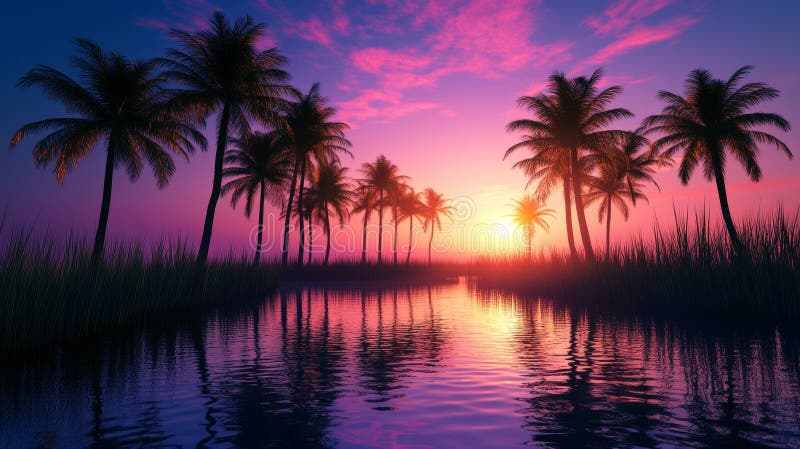 Silhouettes of Palm Trees Mirrored in a Peaceful Sunset Lake Stock ...