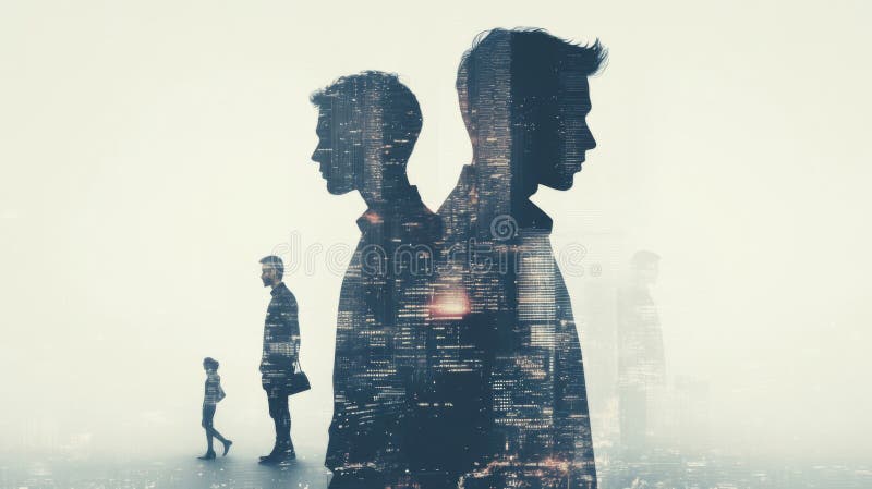 Silhouettes of People with a Cityscape Overlay Stock Illustration ...