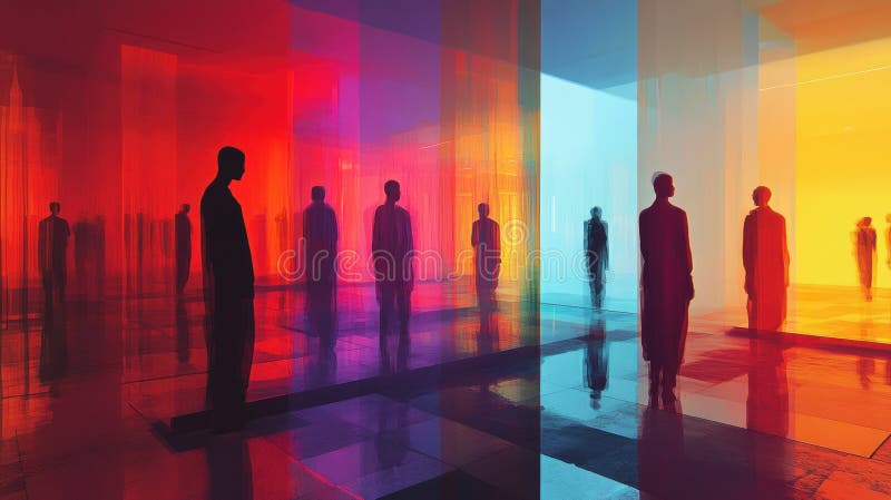 Silhouettes of People in a Colorful, Vibrant, Reflective Space Stock ...