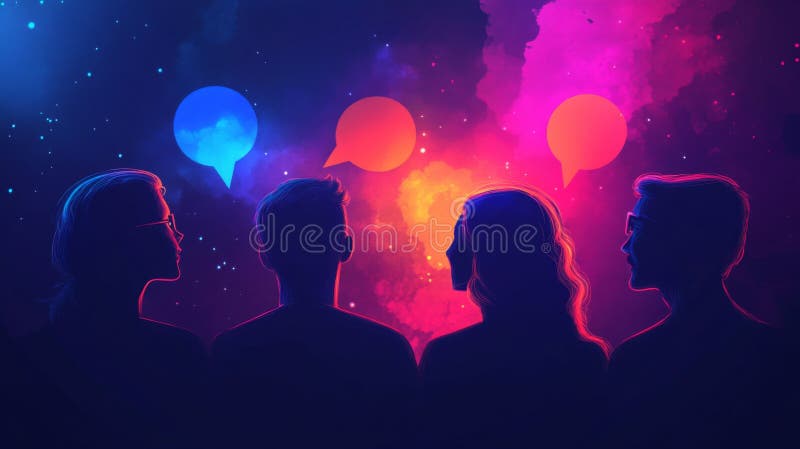 Silhouettes of People Conversing Against a Cosmic Background Stock ...