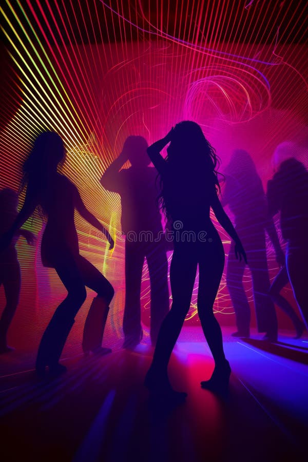 Silhouettes of People Dancing in Disco Scene with Colored Lights and ...