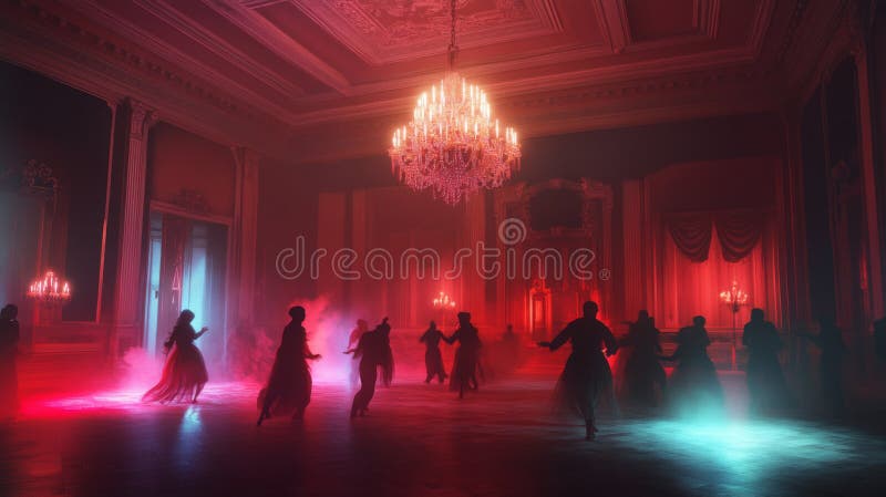 Silhouettes of People Dancing in a Grand Hall Illuminated by Red and ...