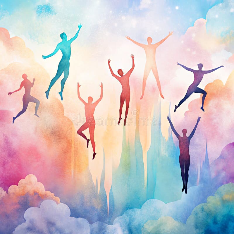 Generated Image. Silhouettes of People Flying through the Clouds. Stock ...