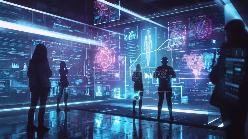 Silhouettes of People in a Futuristic Data Center. High-tech Digital ...