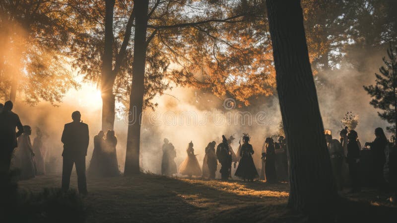Silhouettes of People Gathering in a Misty Forest at Sunset Stock ...