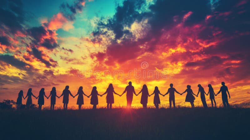 Silhouettes of People Holding Hands at Sunset Stock Illustration ...