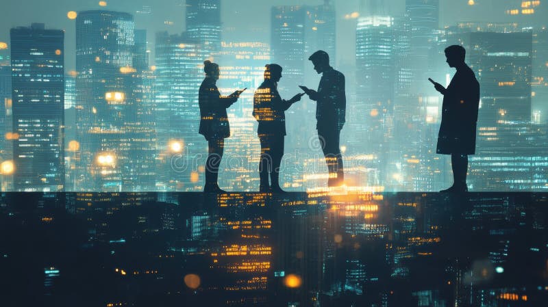 Silhouettes of People Interacting in a Futuristic Cityscape at Night ... Silhouettes of People Interacting in a Futuristic Cityscape at Night ...
