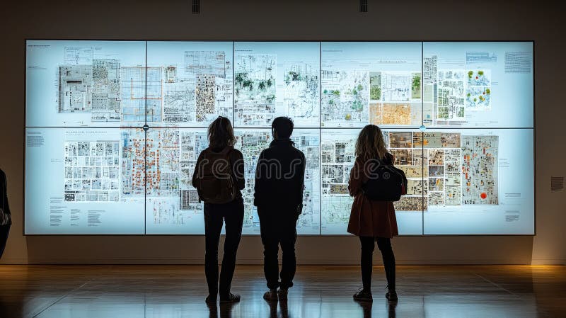 Silhouettes of People Looking at a Large Screen in a Modern Art Gallery ...