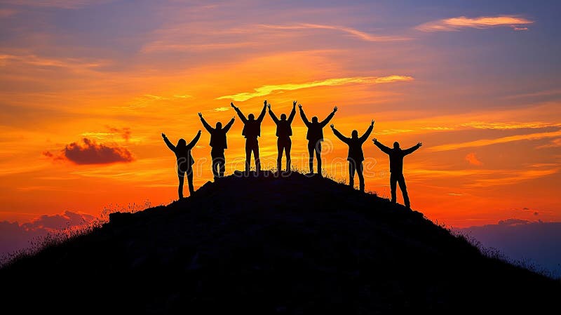 Silhouettes of People on a Mountaintop at Sunset Stock Illustration ...