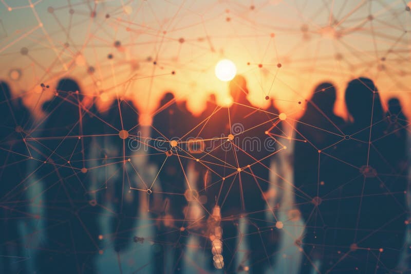 Silhouettes of People in a Network of Connections at Sunset Stock ...