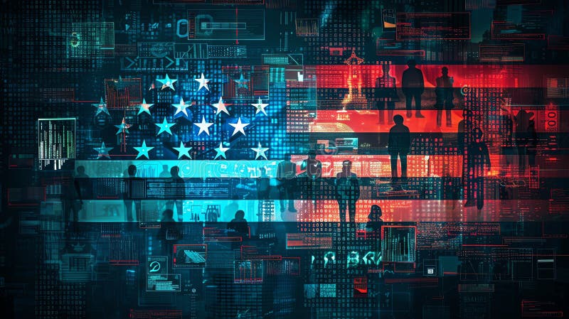 Silhouettes of People Stand in Front of a Digital American Flag ...