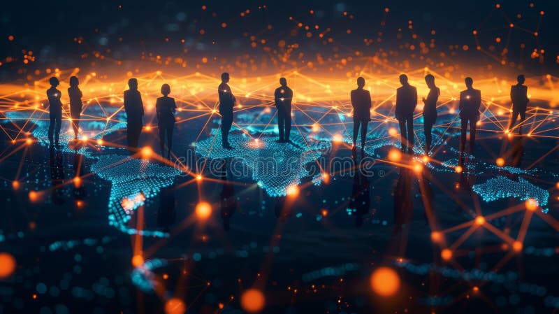 Silhouettes of People Standing on a Glowing World Map, Representing ...