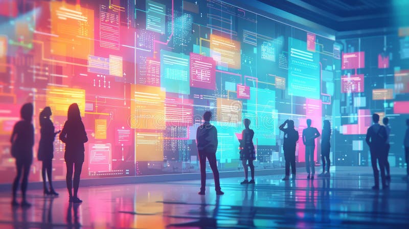 Silhouettes of People Standing in a Modern Digital Data Visualization ...