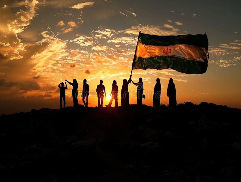 Silhouettes of People on Sunset Holding Flag Stock Illustration ...
