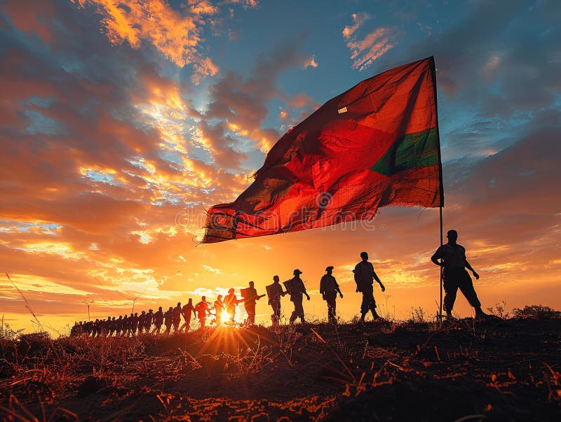 Silhouettes of People on Sunset Holding Flag Stock Illustration ...