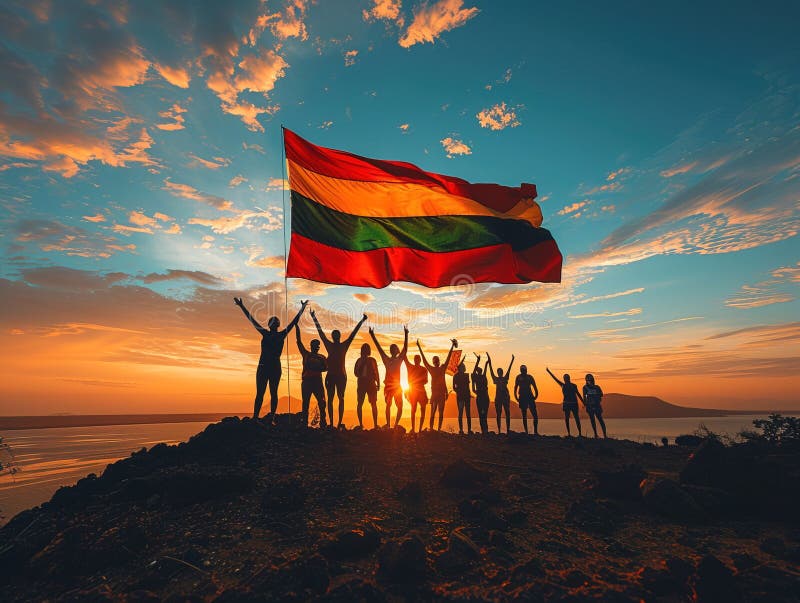 Silhouettes of People on Sunset Holding Flag Stock Illustration ...