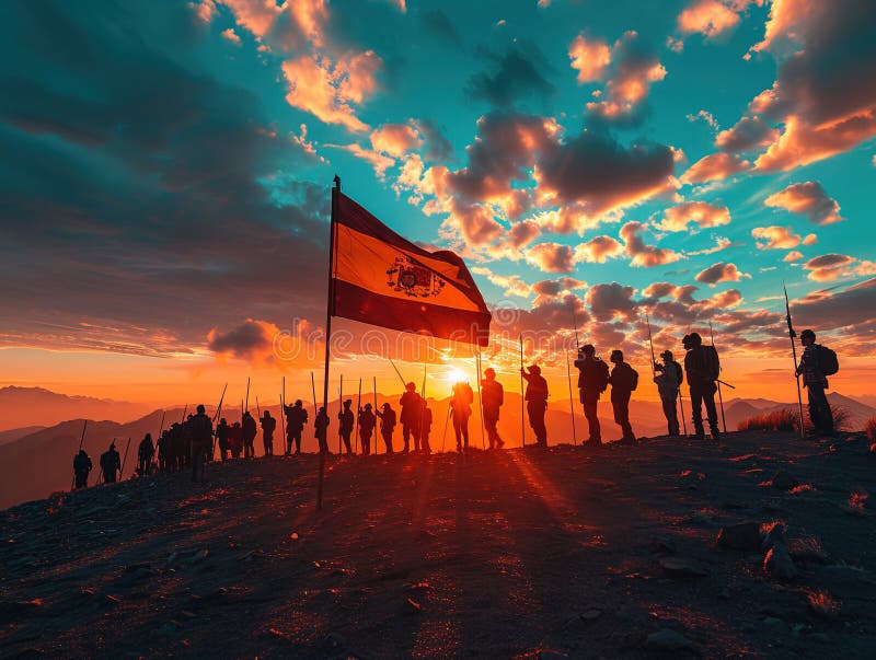 Silhouettes of People on Sunset Holding Flag Stock Illustration ...