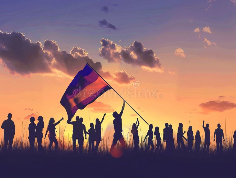 Silhouettes of People on Sunset Holding Flag Stock Photo - Image of ...