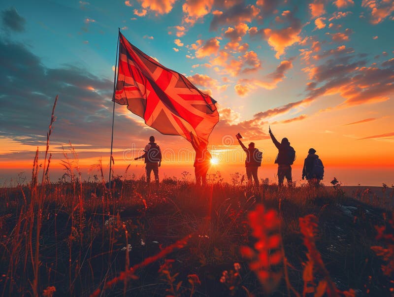 Silhouettes of People on Sunset Holding Flag Stock Photo - Image of ...