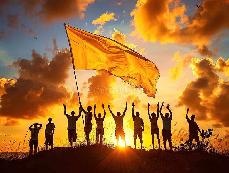 Silhouettes of People on Sunset Holding Flag Stock Photo - Image of ...