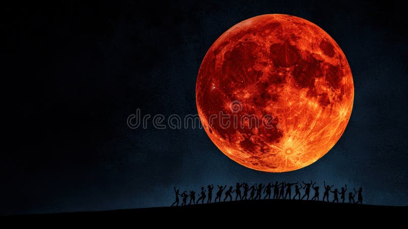 Silhouettes of People Under a Large Red Moon Dramatic Night Atmosphere ...