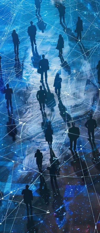 Silhouettes of People Walking on a Blue Abstract Background Stock ...