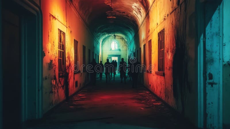 Silhouettes of People Walking through a Decaying, Multi-Colored Hallway ...